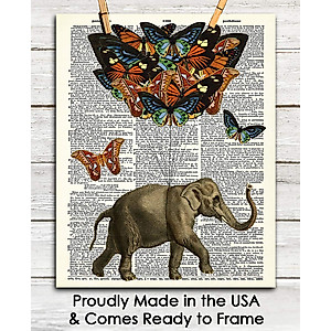 Elephant With Butterfly Balloons Dictionary Wall Art Print: Unique Room Decor for Boys, Men, Girls & Women - (8x10) Unframed Picture