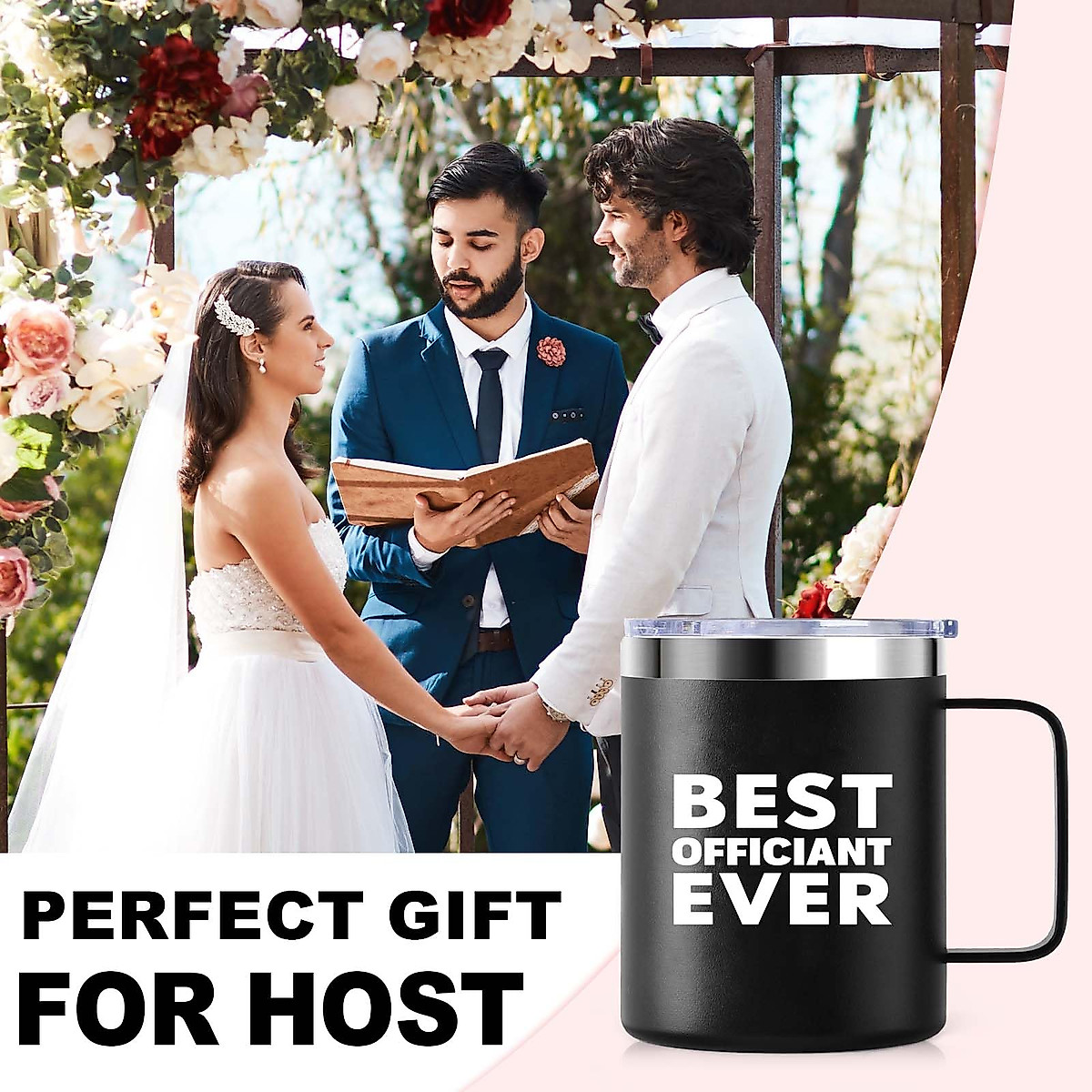 Best Wedding Officiant from Bride Groom | Anniversary Wedding Officiant Gift Insulated Coffee Cup | 12oz with Handle and Lid 304 Stainless Steel Camping Travel Thermal Mugs - Black