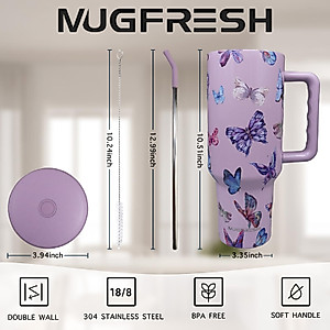 Butterfly Tumbler, Butterfly Gifts for Women 40 oz Butterfly Tumbler with Handle and Straw Cup Holder Friendly Insulated Travel Mug Stainless Steel Water Bottle