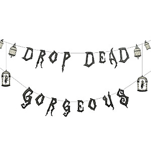 Cheerland Glitter Black Drop Dead Gorgeous Halloween Crow Cage Theme Banner for Gothic Halloween Hanging Decorations Raven Bird and Cage Garland for Horror Birthday Bridal Shower Party Supplies