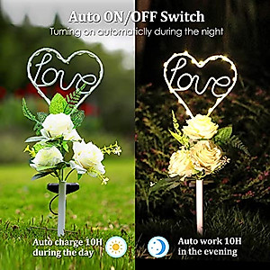 Joyathome 16 Inch Solar Heart Garden Stake Lights with 3 Artificial Flowers Metal Garden Art for Patio Lawn Garden Decor Solar Outdoor Love Sign for Gravesites Memorial and Ideal Gifts for Loved Ones