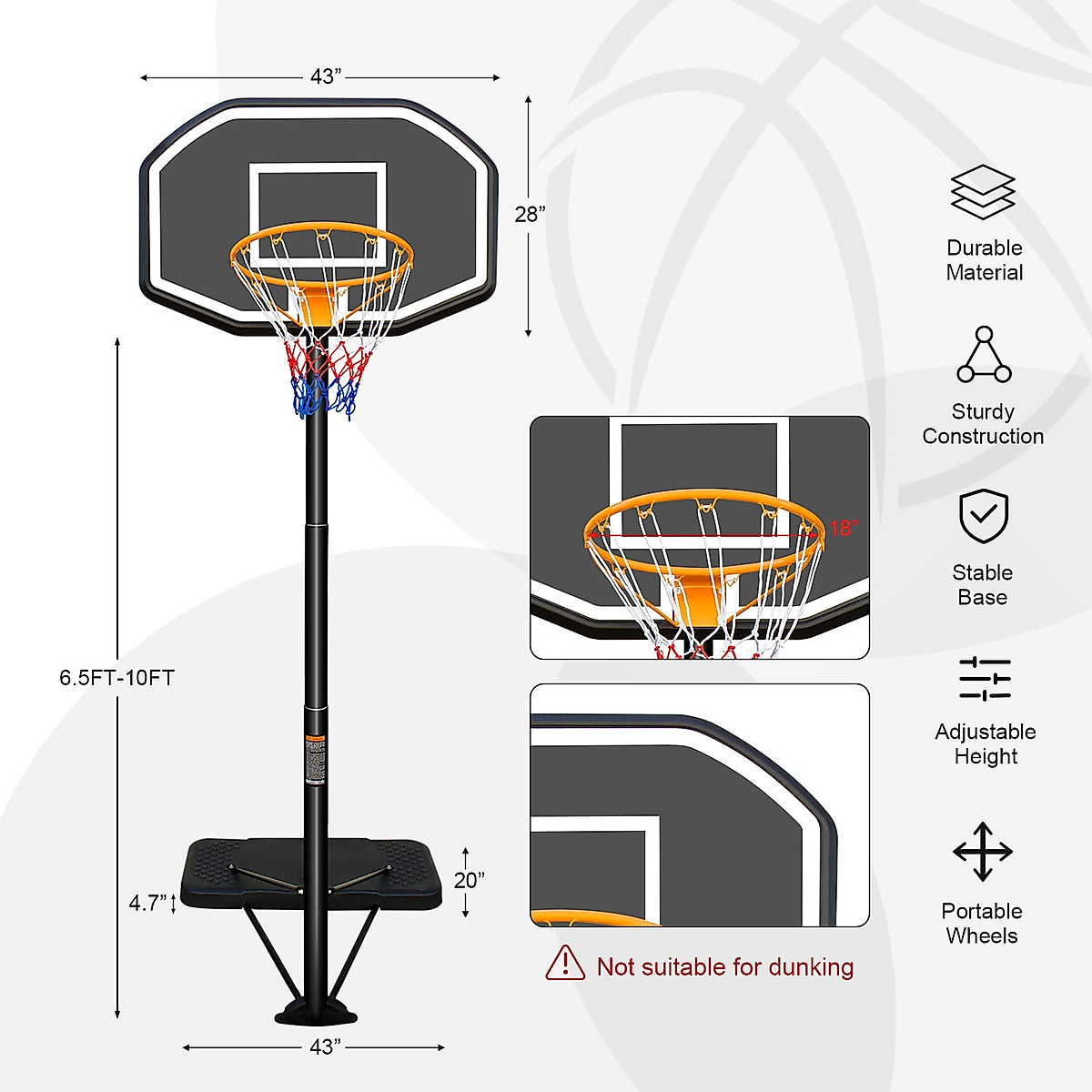 HaoKang Portable Basketball Hoop 6-10 ft Height Adjustable with 44" Backboard Free Standing Basketball Stand System