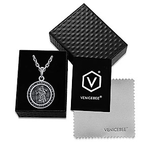 VENICEBEE® Saint Christopher Protect Us Medal St. Christopher Protection Devotional Christian Amulet Solid 925 Sterling Silver Pendant Necklace + Velvet Pouch, Polishing Cloth, Fine Gift Box
