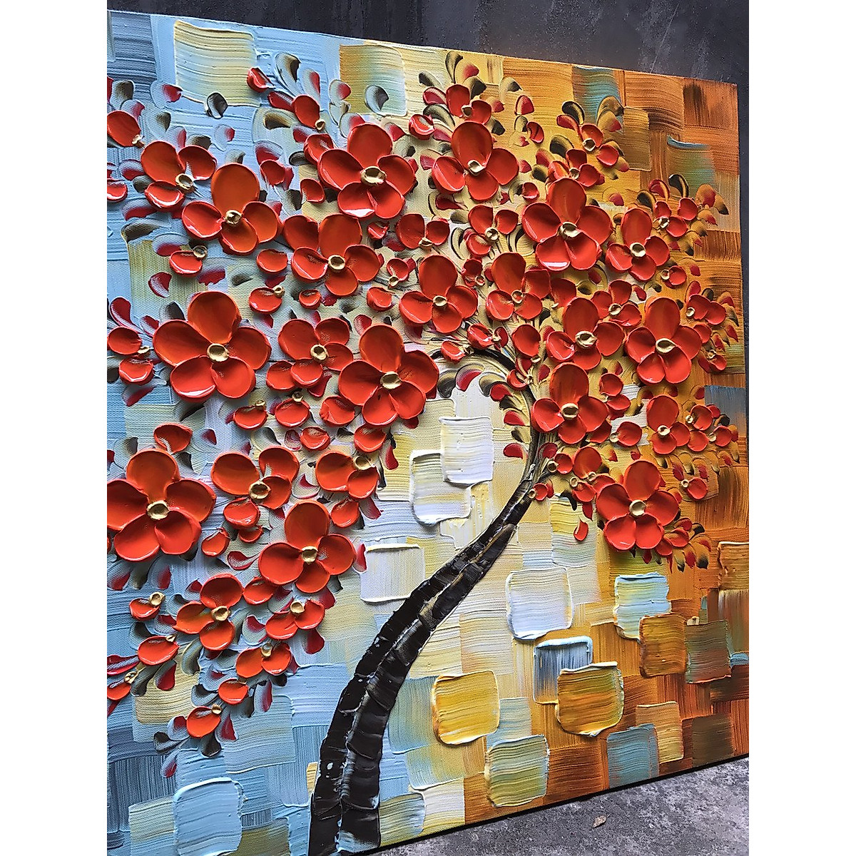 YaSheng Art -Modern Abstract Painting 3D Red Flowers Oil Painting On Canvas Tree Paintings Home Interior Decor Wall Art for living room Bedroom Ready to hang 24x24inch