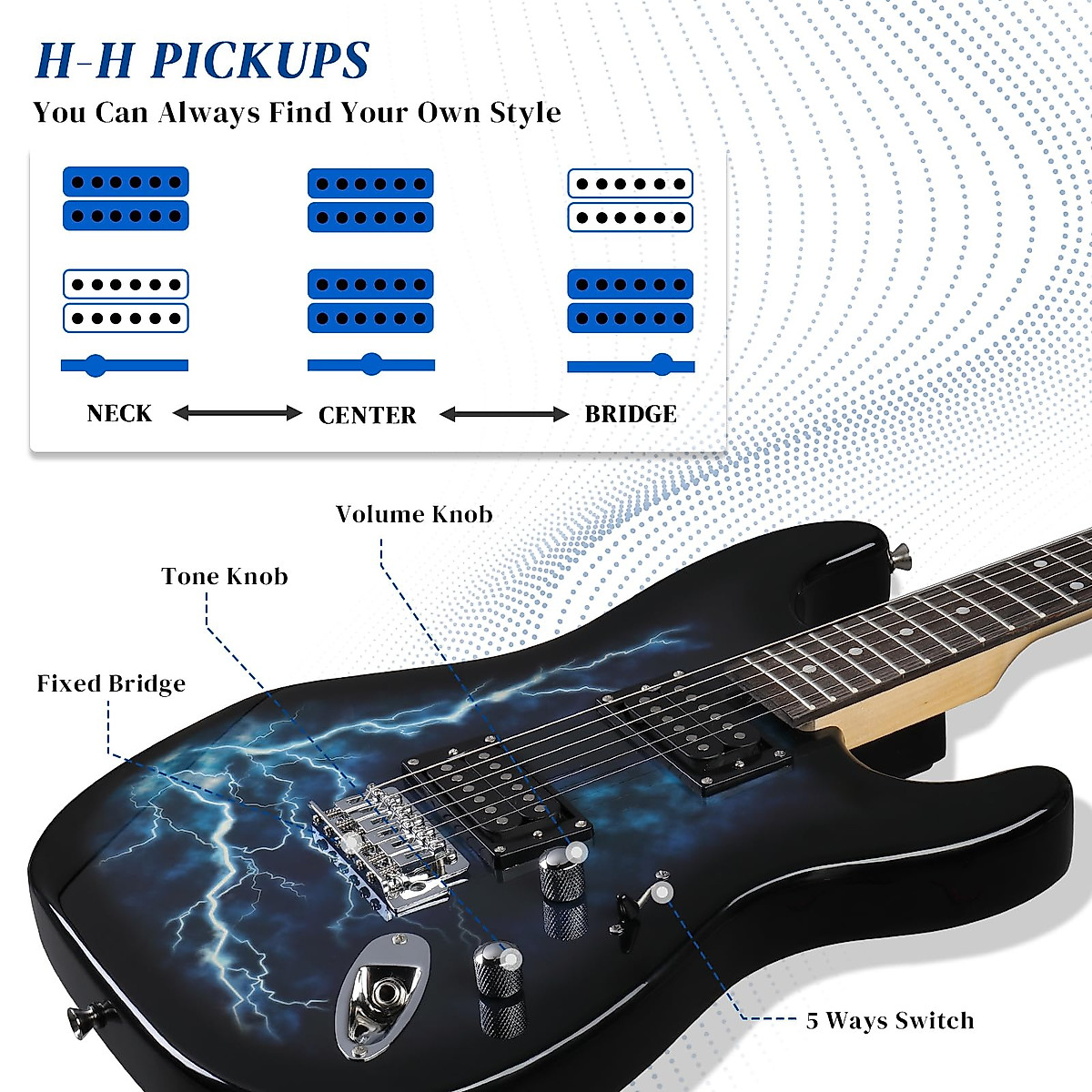 Ktaxon 39 Inch Electric Guitar, Full Size Solid Body H-H Pickups 6 Strings Beginner Guitar Kit With Gig Bag, Strap, Tremolo Arm, Cable & Picks (Black Back)