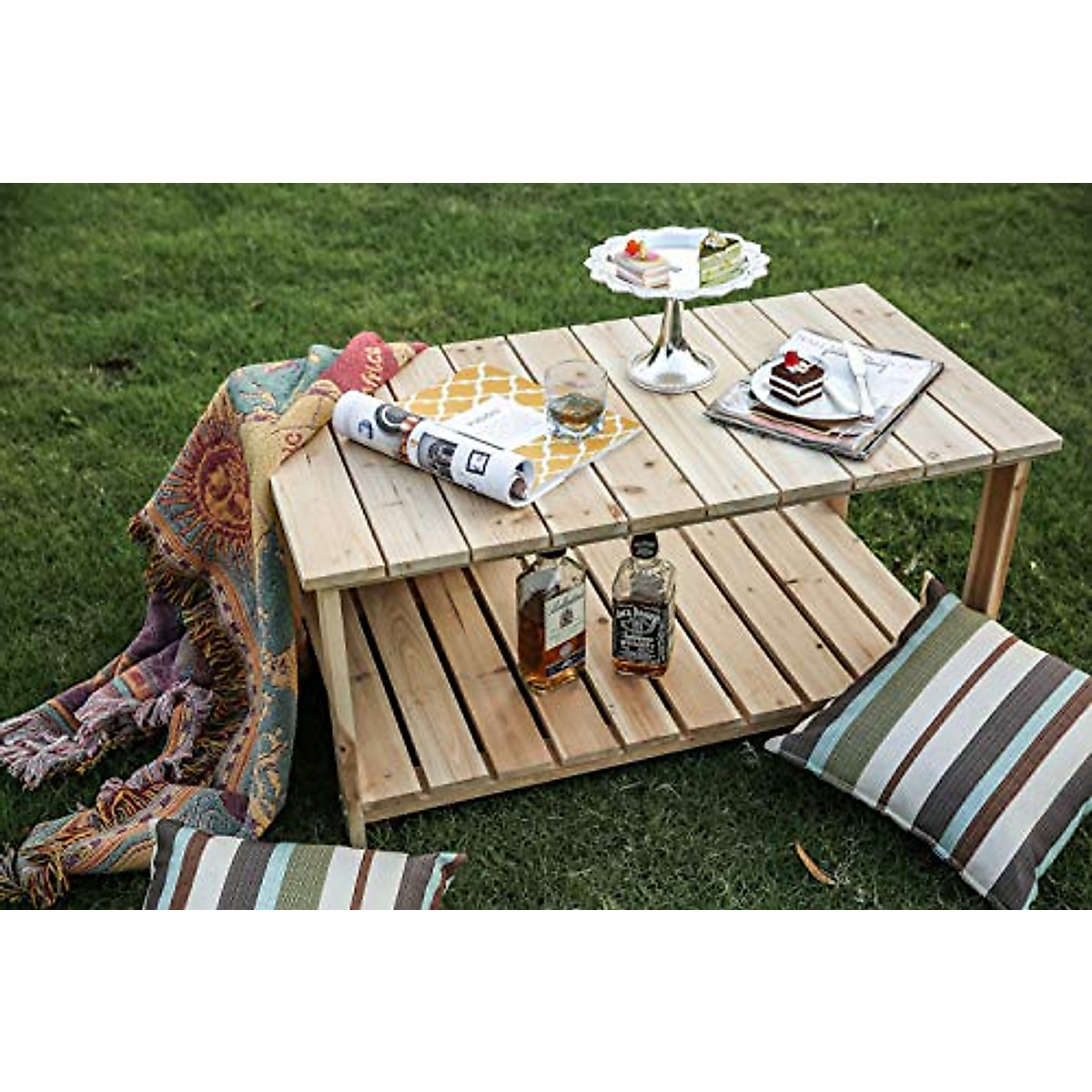 LOKATSE HOME Outdoor Coffee Table Natural Wood Patio Furniture with 2-Shelf Storage Organizer
