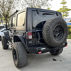 TIOYAR Rear Bumper Off-Road Compatible with 2007-2017 Jeep Wrangler JK & JKU w/Tire Carrier Linkage & LED Lights