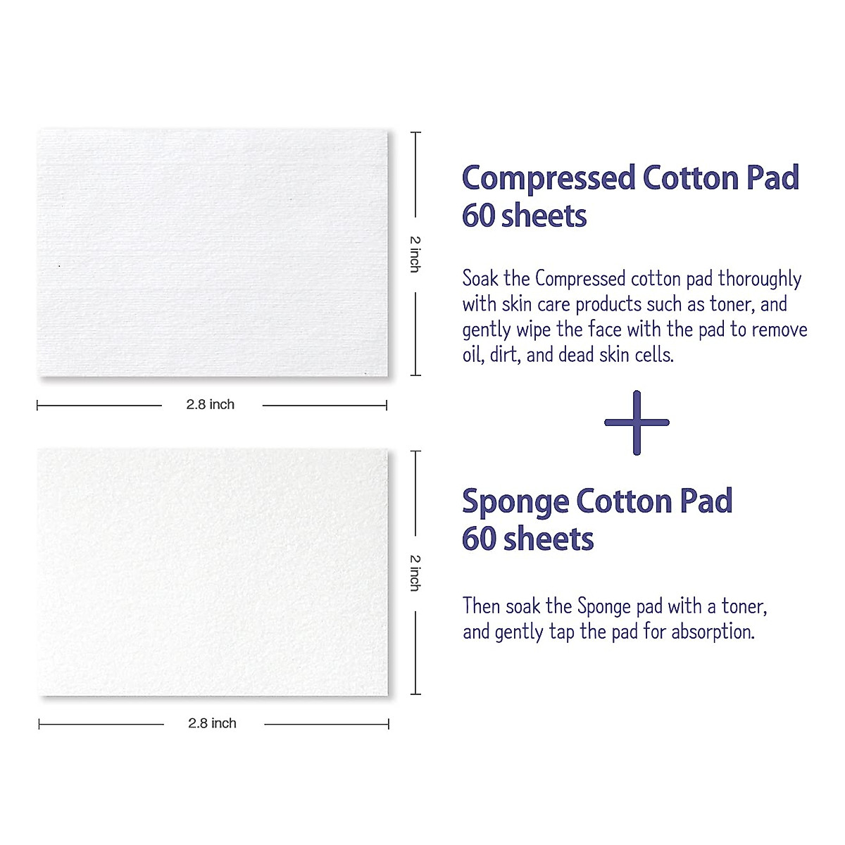 Beejong [120EA] Premium 2 in 1 Facial Cleansing Square Cotton Pads - Two Types of Face Wipes Cotton Pads for Toner, Makeup Remover | Compressed 60EA & Sponge 60EA | Made in Korea (1 Pack)