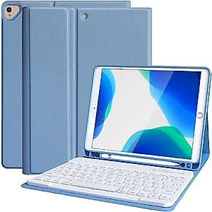 KBCASE Keyboard Case for iPad 9th/8th/7th Generation 2021/2020/2019, Compatible with iPad Air 3/Pro 10.5, Detachable Bluetooth Keyboard Case with Pencil Holder (Sky Blue)