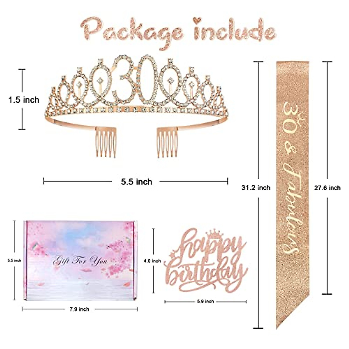 Janinus 30th Birthday Tiara And Sash For Women Rose Gold 30th Birthday Decorations For Her - Rose Gold 30th Birthday Sash, Crown/Tiara and Birthday Cake Toppers 30th Birthday Gifts For Her