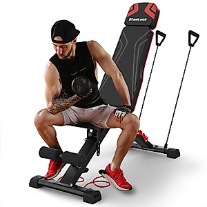 Elseluck Weight Bench, Adjustable Workout Bench for Home Gym, Foldable Strength Training Bench Press for Full Body with Resistance Rope