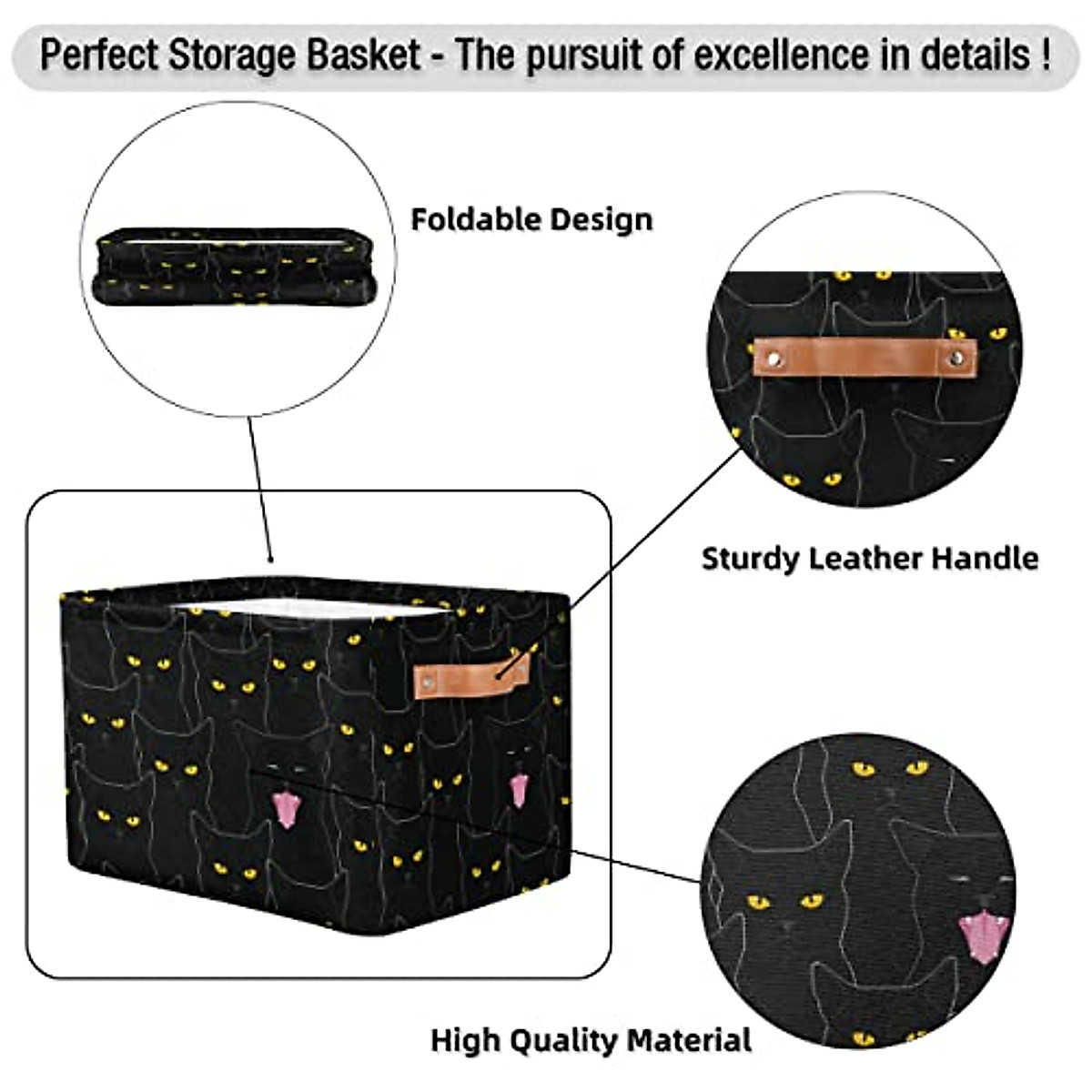 Storage Basket Bin,Night Cat Large Fabric Storage Box with Handles,Cat Collapsible Decorative Baskets Organizer Basket for Nursery Bedroom Office