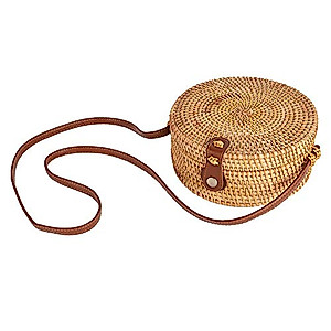 Forart Handwoven Round Rattan Bag Shoulder Leather Straps Natural Chic Circle Handbag Crossbody Bags(Ship from USA)