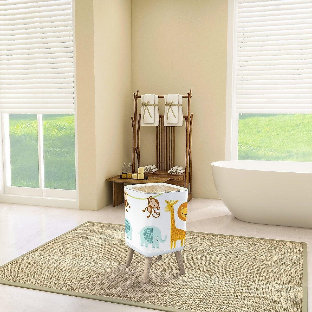 PHAIBHKERP Trash Can with Lid A Set Cute Jungle Animals Elephant Lion Giraffe Monkey Garbage Can Rectangular Waste Bin Press Cover Dog Proof Wastebasket for Kitchen Bathroom Living Room Nursery