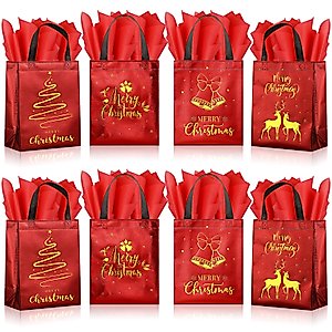 24 Pack Christmas Gift Bags with Tissues, Red Medium Reusable Christmas Tote Bags with Handles, Metallic Gold Foil Goodie Bags Non Woven Gift Bags Bulk for Christmas Holiday Party Favors, 5x8x10 Inch