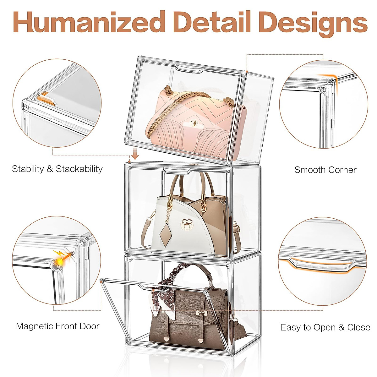 FODIENS 3 Packs Clear Handbag Storage Organizer for Closet, Acrylic Display Case for Purse Handbag, Stackable Purse Organizer Storage Box with Magnetic Lids for Wallet Book Collectibles