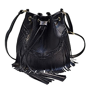 Meyaus Women Small Fringed Faux Leather Crossbody Bag Drawstring Shoulder Bag Boho Bucket Bag