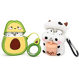 Mouzor 2 Pack Cute Avocado Airpods Case, Boba Tea Cow Airpods 2 Case, Funny 3D Cartoon Soft Silicone Full Protection Charging Cases Cover with Carabiner for Airpods 1st Generation, 2nd Generation