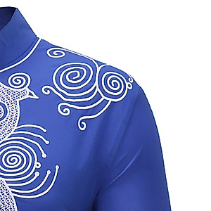 HEFASDM Men's Long Sleeve African Dashiki Traditional Gold Print Button Down Shirts Blue L