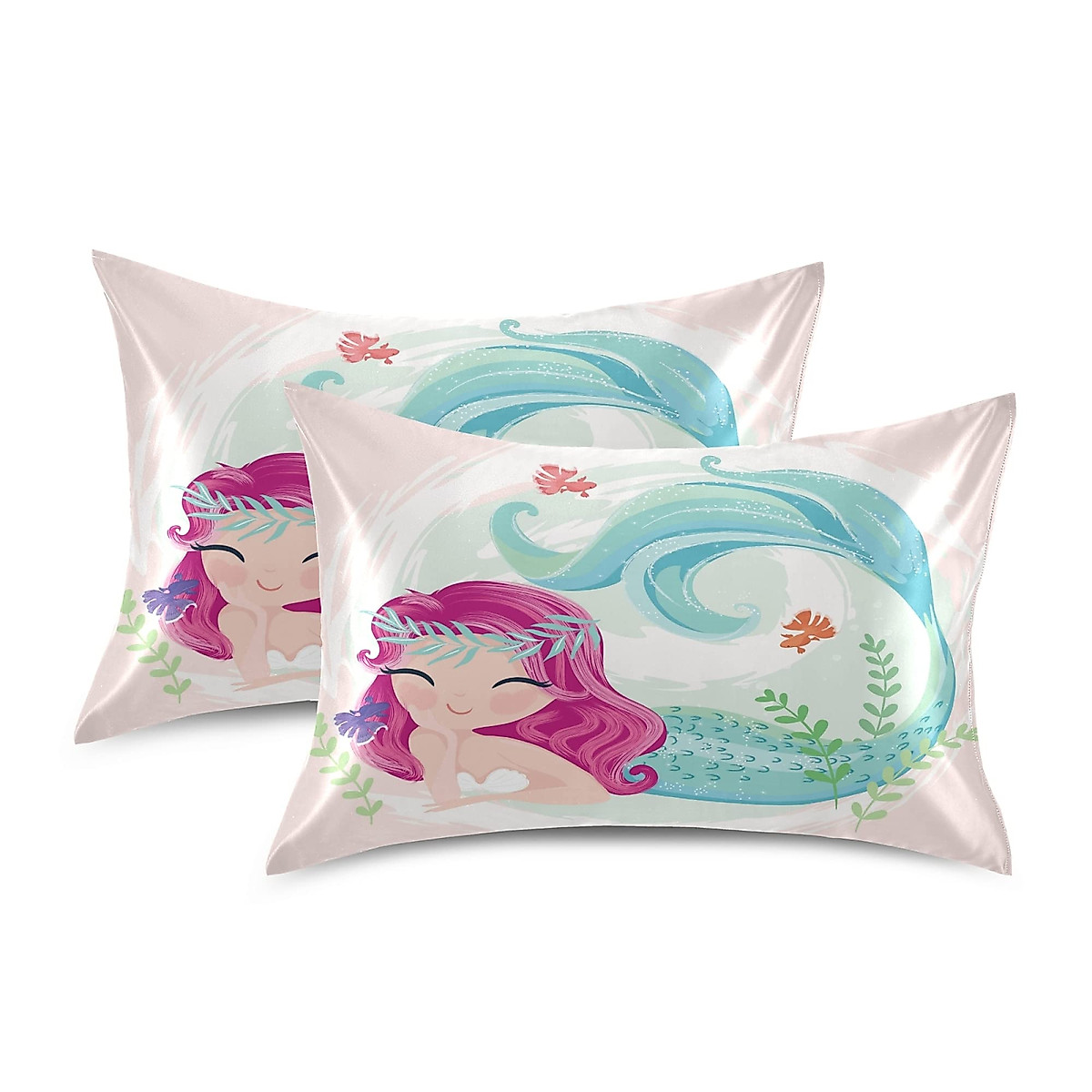 Dalzium Cute Mermaid Satin Pillowcase for Hair and Skin, Ocean Mermaid Girl Silk Pillow Case with Envelope Closure, Standard Size 20x26 inches, Pink, 1 PC