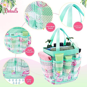 WAWSAM Flamingo Shower Bag for Dorm Room - 9” x 9” x 9.5” Mesh Shower Caddy for Women Students Portable Toiletry Bag with 8 Pocket Large Capacity Shower Tote for Gym College Bathroom Beach