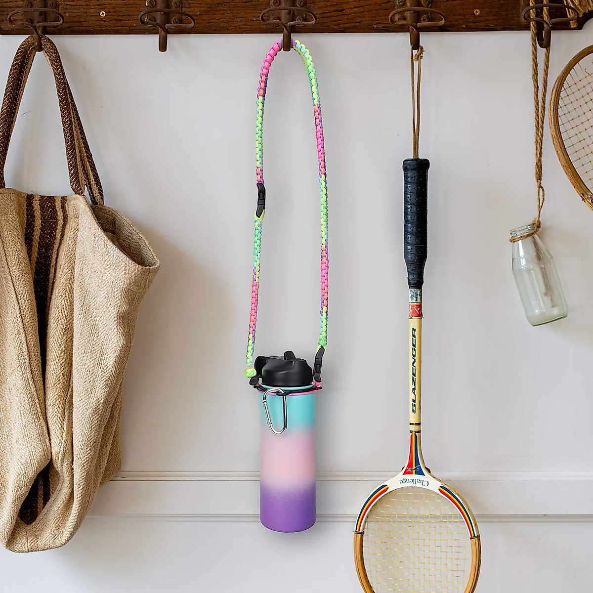 WEREWOLVES Paracord Handle with Shoulder Strap - Fits Wide Mouth Water Bottles 12oz to 64oz - Durable Carrier, Water Bottle Handle Strap with Safety Ring, Compass and Carabiner (Black)