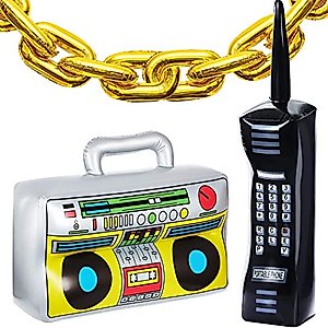 22 Pieces Inflatable Radio Boombox Inflatable Mobile Phone and 16 Inch Gold Inflatable Foil Chain Balloons 80s 90s Party Decorations Supplies Cosplay Props Hip Hop Theme Birthdays Weddings Graduations