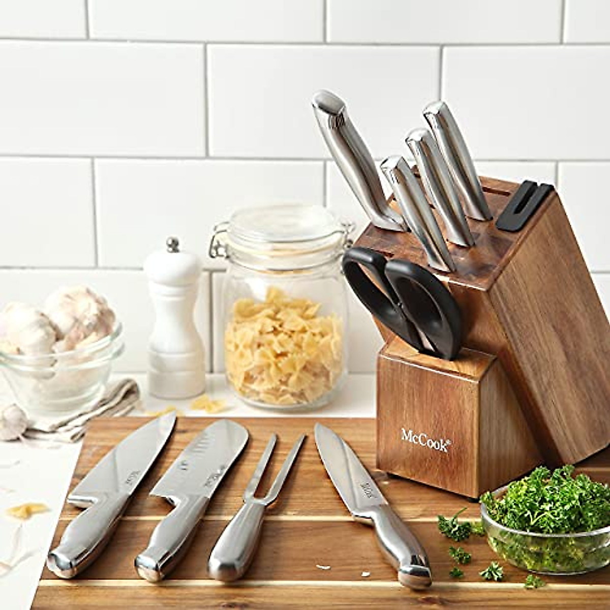 McCook® MC35 Knife Sets with Built-in Sharpener,11 Pieces German Stainless Steel Hollow Handle Kitchen Knives Set in Acacia Block