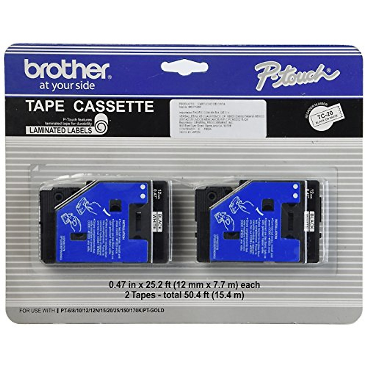 Brother Tc-20 0.47-Inch x 25.2 Ft. - Black On White Tape for Pt-6 8 10 12 15 20 150 170 2-pack