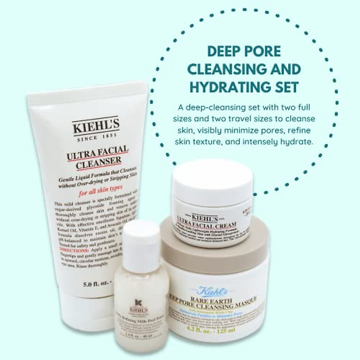 Kiehl's Deep Pore Cleansing and Hydrating Set:: Ultra Facial Cleanser, Rare Earth Deep Pore Cleansing Masque, Daily Refining Milk-Peel Toner, Ultra Facial Moisturizing Cream with Squalane