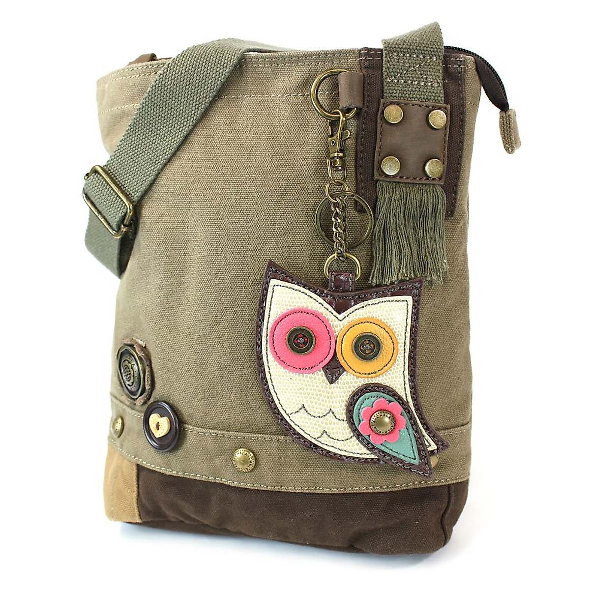 Chala Handbag Patch Canvas Crossbody Handbags with Owl Key-Fob (Olive Green)