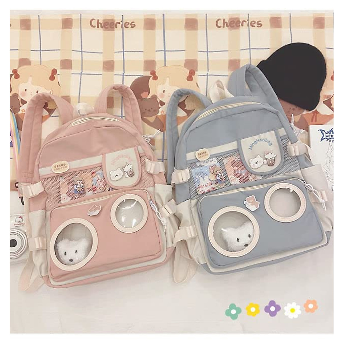 Kawaii Backpack with Kawaii Pin and Accessories Kawaii Japanese Backpack Ita Bag Cute Laptop Schoolbag (Pink)