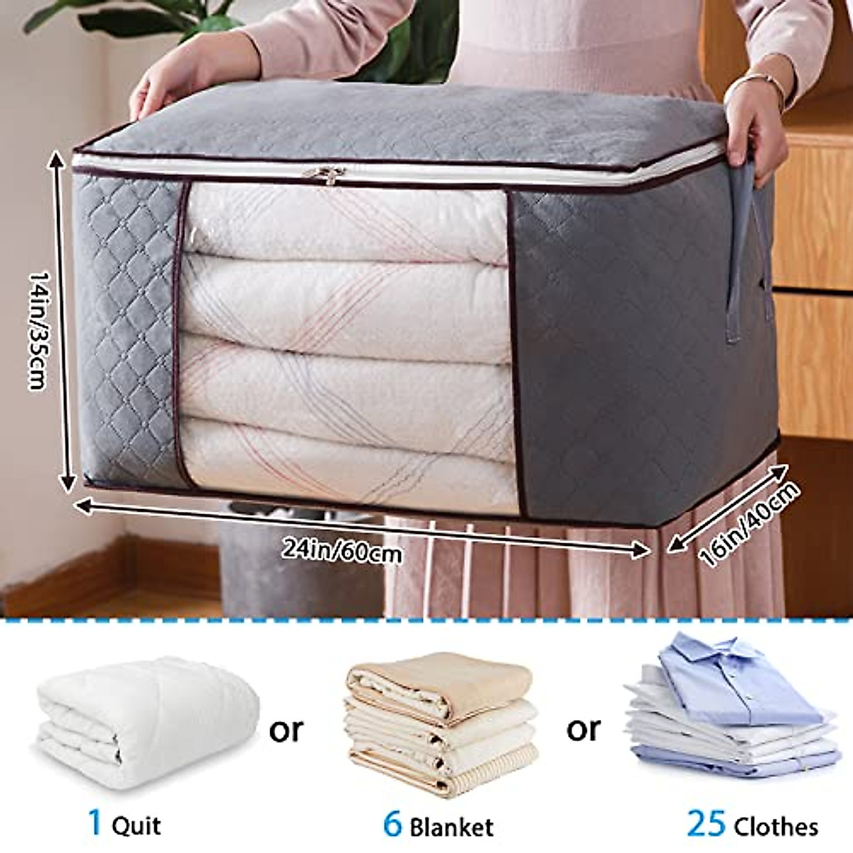 Isbasa 8 Pack Large Clothes Storage Bags, Foldable Storage Bags for Clothes, Comforter, Blanket, Pillow with Clear Window Sturdy Zipper and Reinforced Thick Fabric Handle, Grey, 90L