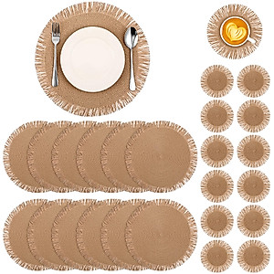 Tioncy 24 Pcs (12 Sets) Round Boho Woven Paper Placemats and Braided Coasters 12 Pcs 15 Inch Heat Resistant Table Mats 12 Pcs 7 Inch Non Slip Drink Coaster for Wedding Kitchen Dining Party Banquet