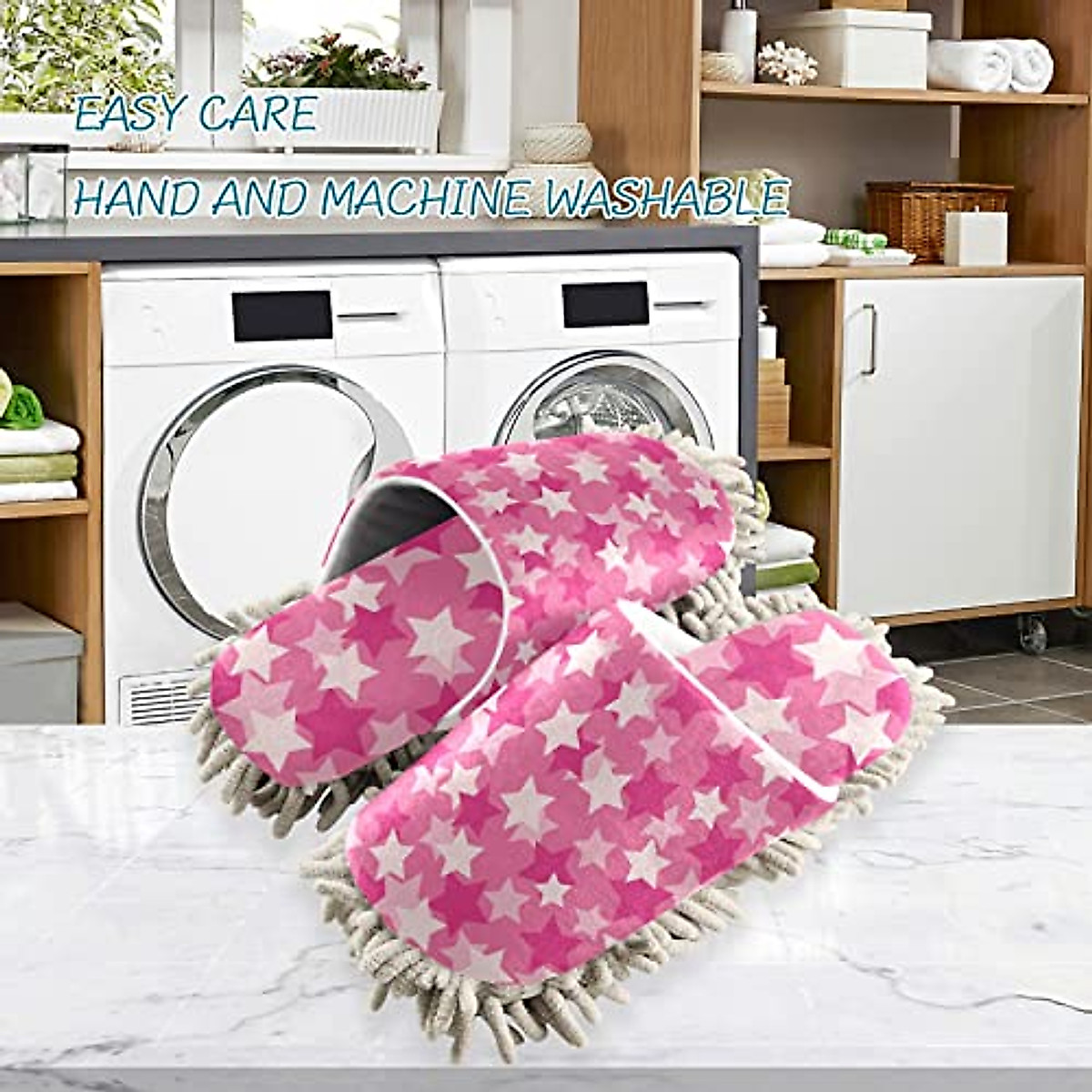 Kigai Microfiber Cleaning Slippers Pink Stars Washable Mop Shoes Slipper for Men/Women House Floor Dust Cleaner, Size L