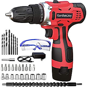 GardenJoy Cordless Power Drill Set: 12V Electric Drill with Battery and Charger, 2 Variable Speed, 24+1 Torque Setting, 3/8-Inch Keyless Chuck, Portable Drill and 30pcs Drill/Driver Bits