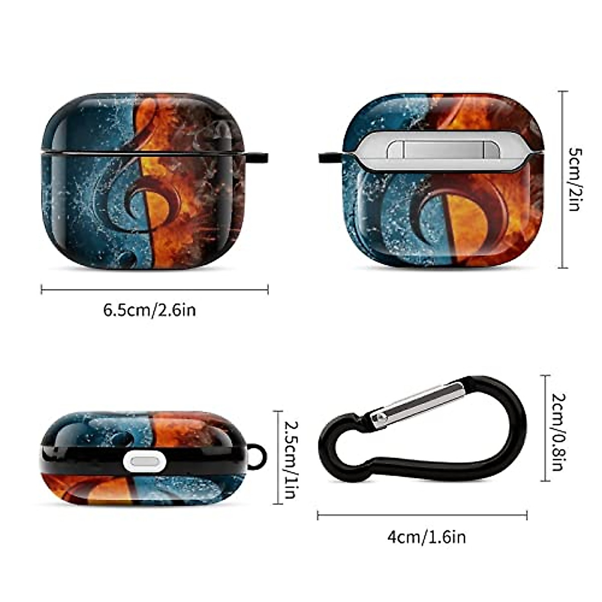 Water Fire Music Notes Pattern Airpods 3 Case Bluetooth Fashion Portable Shockproof and Anti-Scratch Headphone Charging Case Protective Case for Airpods 3 with Keychain Chain Gift Unisex