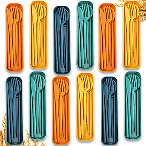 Tessco 12 Sets Reusable Travel Utensils with Case Wheat Straw Portable Cutlery Utensils Set Picnic Flatware Sets Chopsticks Knives Fork and Spoon for Outdoor Kids Lunch Camping, 4 Colors