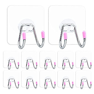 Adhesive Double Hook Wall Hooks, 12 Pack Heavy Duty Nailless Adhesive Hooks - Max 13lbs Capacity, Stainless Steel Non-Marking Bathroom Kitchen Reusable Water and Oil Resistant Seamless Hook Wall Hooks