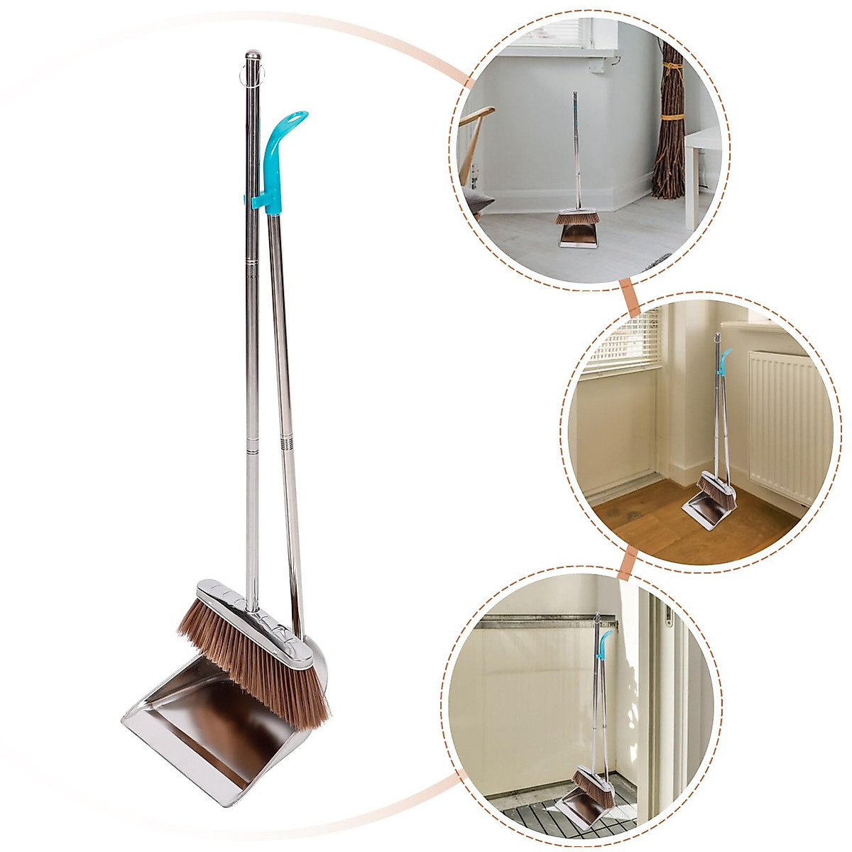 HOLIDYOYO Broom and Dustpan Set with Long Handle Stainless Steel Broomstick Standing Dust Pan for Floor Home Office Lobby A
