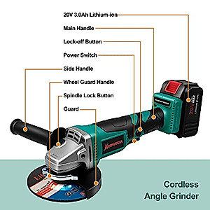 Kinswood Brushless Cordless Angle Grinder 20V 4-1/2” Cut-Off 3.0Ah Lithium-ion Battery & Fast Charger w/Cutting Wheel & Grinding Wheel