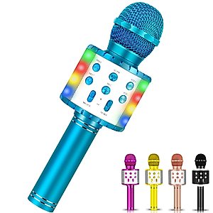 Winique Karaoke Microphone for Kids with Bluetooth & LED Lights - 5 in 1 Fun Toys Home KTV Birthday Party Player - Christmas Stocking Stuffers for Girls, Boys, and Teens(Blue)