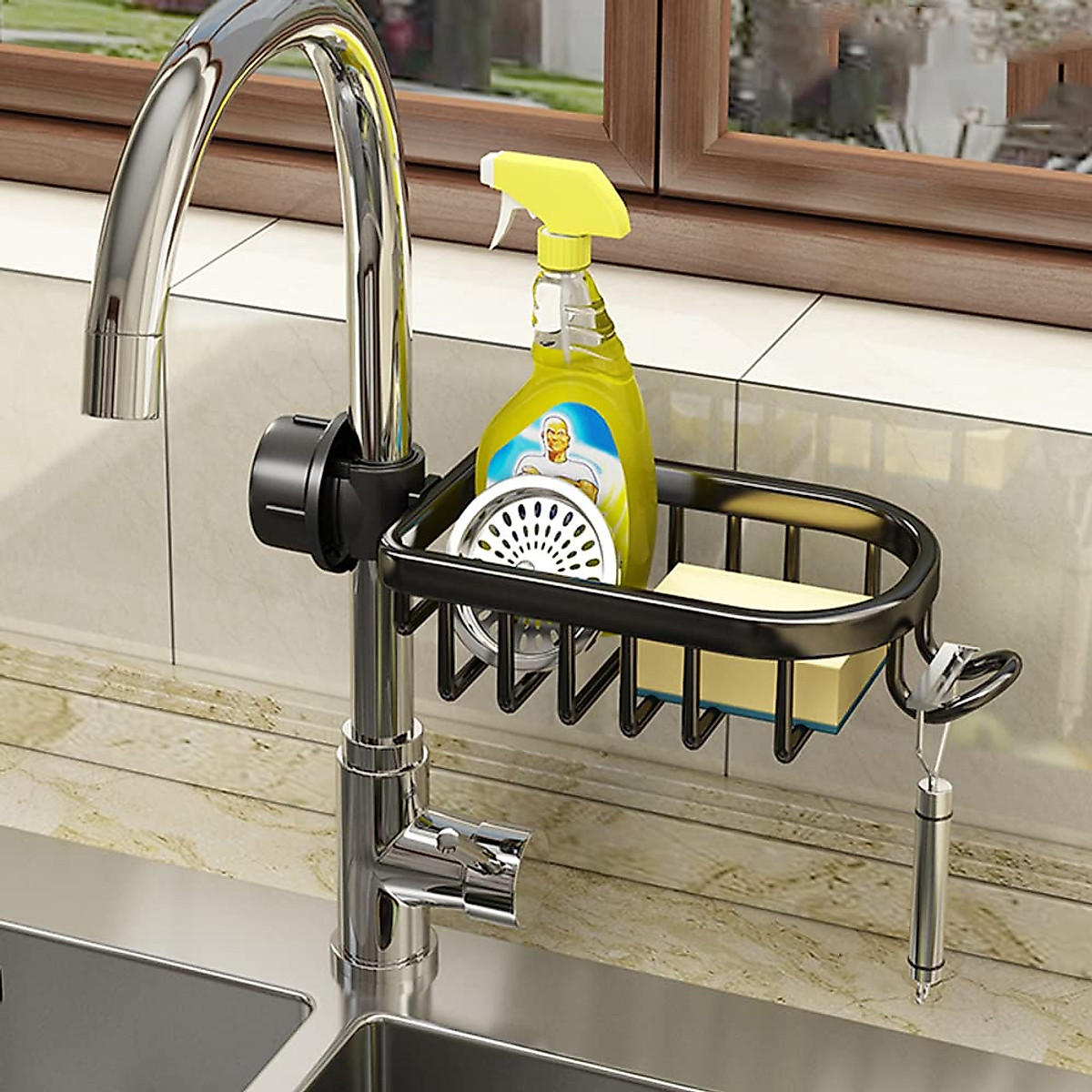 FWEHIO Faucet Sponge Holder with Hook Soap Dishcloth Hanger Brush Sink Caddy Drain Rack Space Aluminum Soap Sponge Brush Scrubber Sink Caddy Organizer (Double, Black)