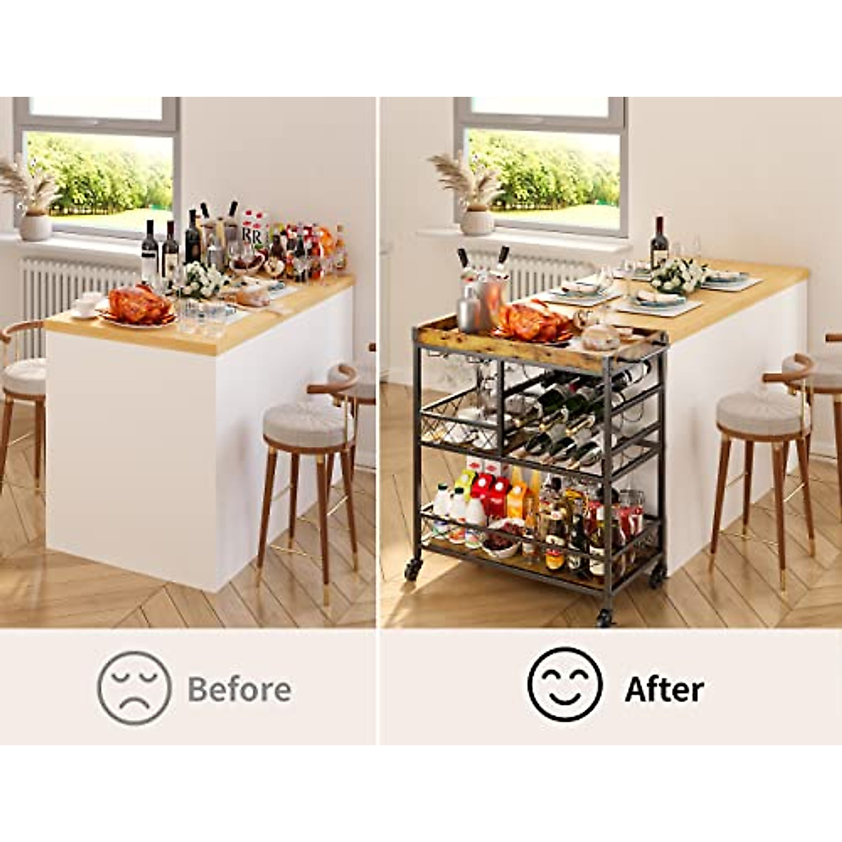 Gizoon 3 Tier 38" Home Bar Serving Cart with Large Storage Space, Mobile Kitchen Storage Trolley with Lockable Wheels, 12 Wine Rack, Glass Holder, Removable Tray (Retro)