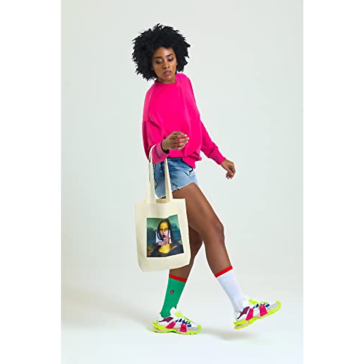 Monalisa Funny Design Printed Canvas Tote Bag Aesthetic Vintage Cute Women Girls Kids School Shoulder Bag, Beach Travel and Shoping Bag (Monalisa)