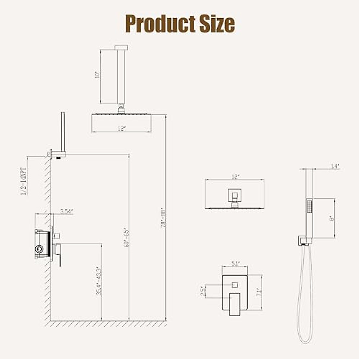 ESNBIA Shower System, Luxury 12 Inches Rain Shower Head with Handheld Combo Set, Ceiling Mounted High Pressure Rainfall Dual Shower Head System, Shower Faucet Set with Valve and Trim, Brushed Gold