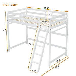 Harper & Bright Designs Twin Size Loft Bed Frame,Wooden Kids Loft Bed with Inclined Ladder & Full-Length Guardrail, High Loft Bed for Teens Girls Boys, Space-Saving, White