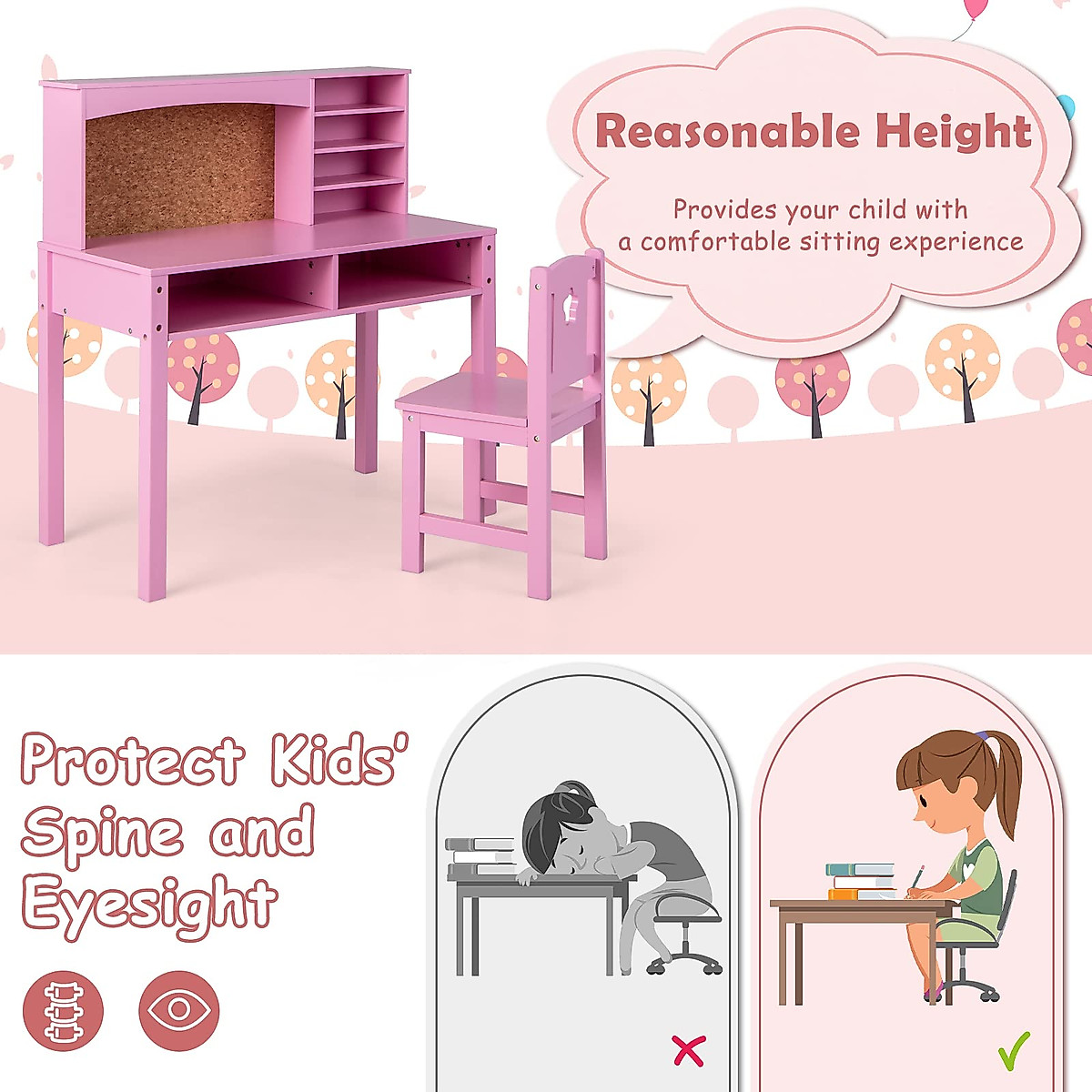 Costzon Kids Desk and Chair Set, Wooden Study Desk for Kids with Storage, Hutch, Cork Bulletin Board, Student Writing Computer Workstation, Kids Desk for Study Room, Bedroom, School, Pink