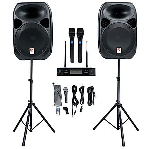 Rockville Power GIG RPG-122K All In One DJ/PA Package (2) 12" DJ/PA Speakers 1000 Watts Peak Power/250 Watts RMS with Built in Bluetooth, USB/SD Player, FM Tuner, Speaker Stands and a Wired Microphone