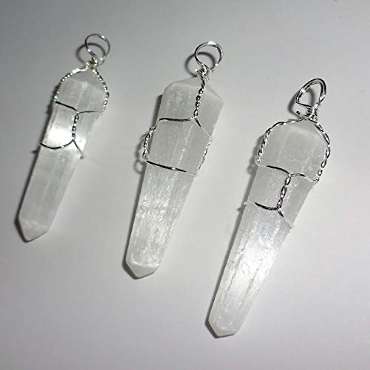 ( Sublime Gifts ) Selenite Point Cleansing Crystal Healing Cut wire wrapped Point Pendant with Metal Bail